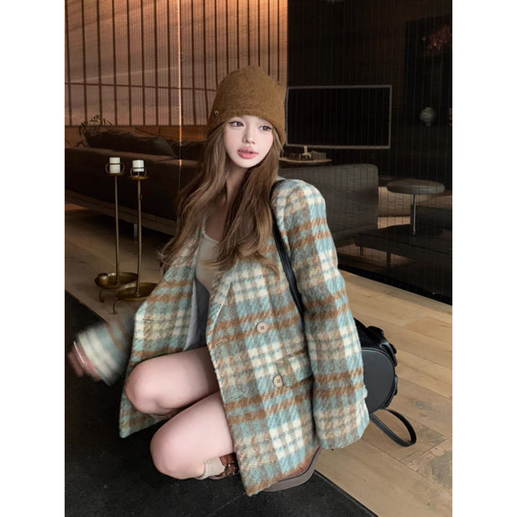 พร้อมส่ง เสื้อสูทกันหนาว ผ้าวูล ลายสก็อตสีฟ้า-น้ำตาล (T278) | Shopee ...