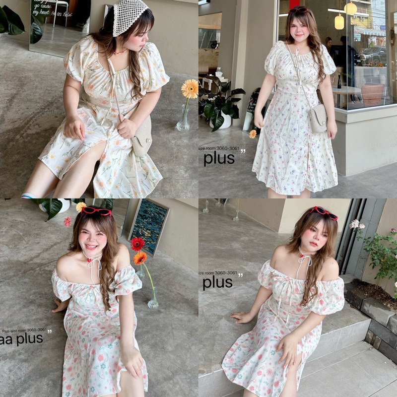 Linn พร้อมส่ง เดรสลายดอกไม้ เดรสสาวอวบ อก38-52นิ้ว plussize | Shopee Thailand