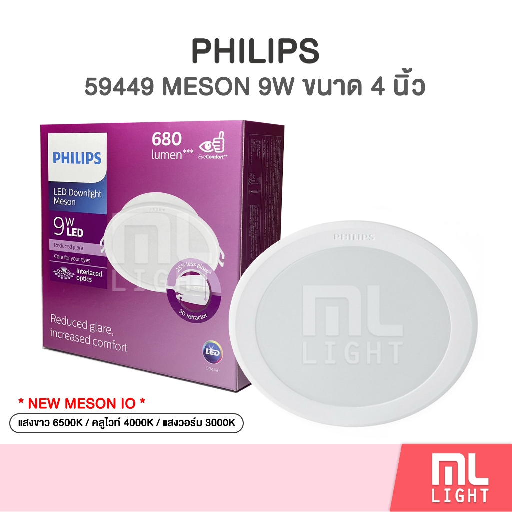 Philips LED Downlight 9W รุ่น 59449 Meson 105 หน้ากลม 4นิ้ว 9วัตต์ โคมไฟ ดาวน์ไลท์ ดาวไลท์ Panel ...