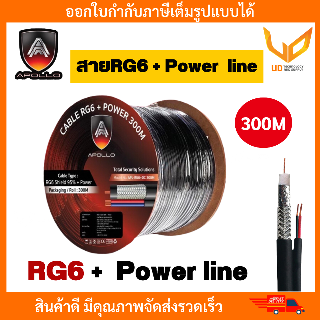 APOLLO สาย RG6+Power (ชิลด์ 95%) มีสายไฟ ใช้สำหรับกล้องวงจรปิด CCTV ...