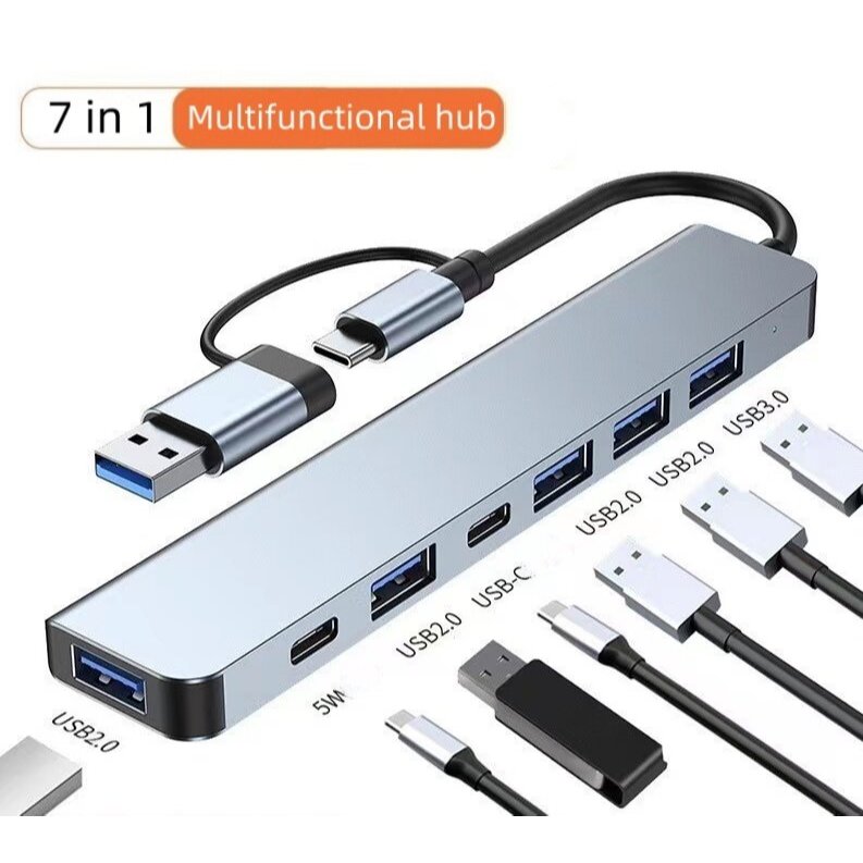 USB+TYPE C ฮับแยก USB 7 in 1 Type-C USB 3.0 พอร์ตเครื่องอ่านการ์ดการ์ด ...