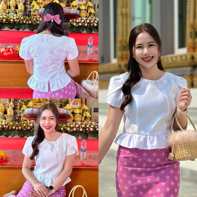 เสื้อคอกลมผ้าไหมนิ่มแขนกลีบบัว อัดกาวทั้งตัวอย่างดี (เสื้ออย่างเดียว) by Raphee | Shopee Thailand