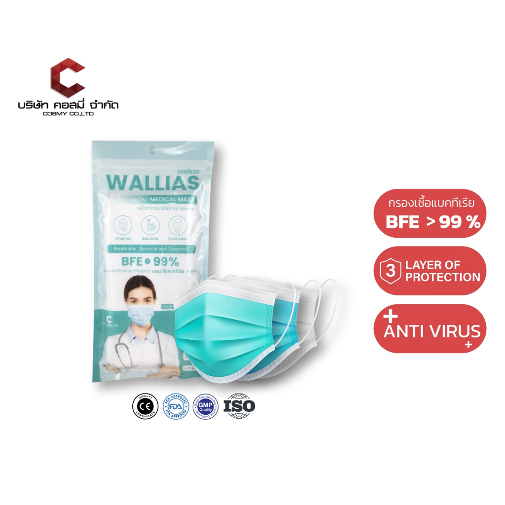 หน้ากากอนามัยทางการเเพทย์ ยี่ห้อWALLIAS หนา3ชั้น ป้องกันได้ถึง98% บรรจุ10ชิ้นต่อ 1ซอง มี 3สี【ออก ...