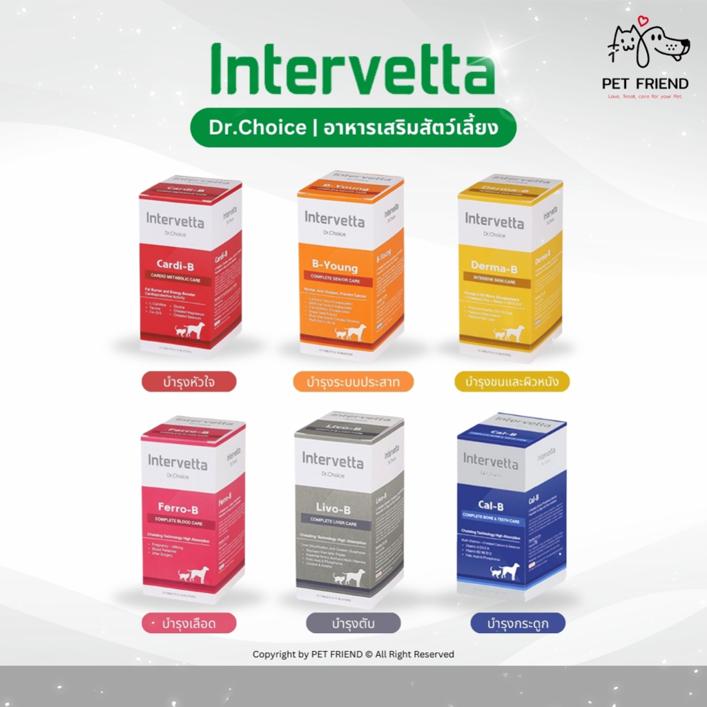 Intervetta Dr.Choice 🐶🐱 อาหารเสริมสำหรับสัตว์เลี้ยง Cardi-B, B-Young, Derma-B, Ferro-B, Livo-B ...