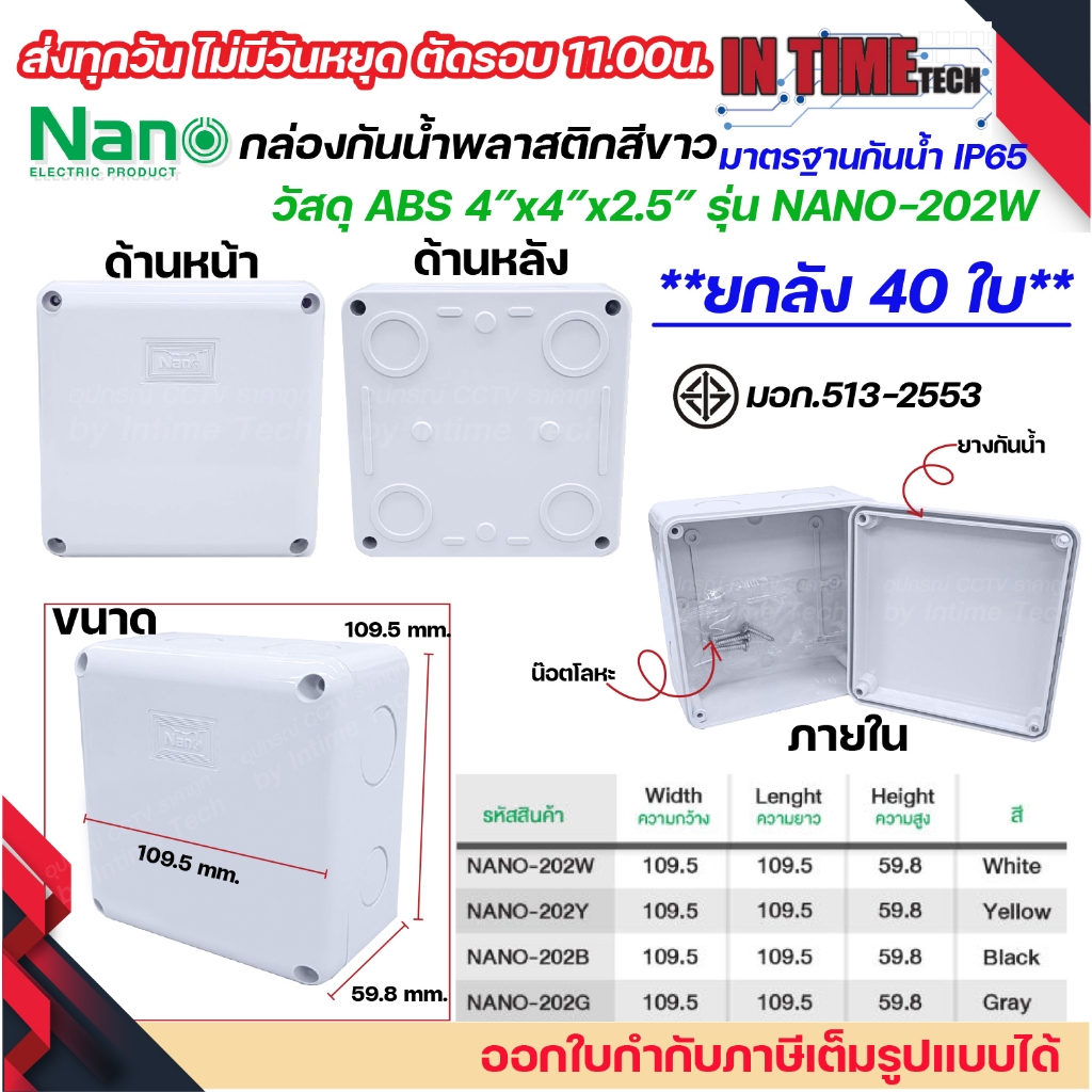(40ชิ้น) NANO กล่องพักสาย 4x4 ABS รุ่น NANO-202W บล็อคพักสาย Box กันน้ำ สีขาว IP65 มอก.513-2548 ...