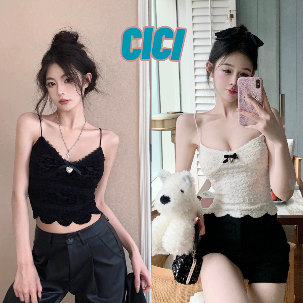 Cici(NO. 2218)เสื้อสายเดี่ยวลูกไม้ แต่งโบว์หน้า มีฟองน้ำในตัว ผ้ายืด แซ่บมากคุณน้า | Shopee Thailand