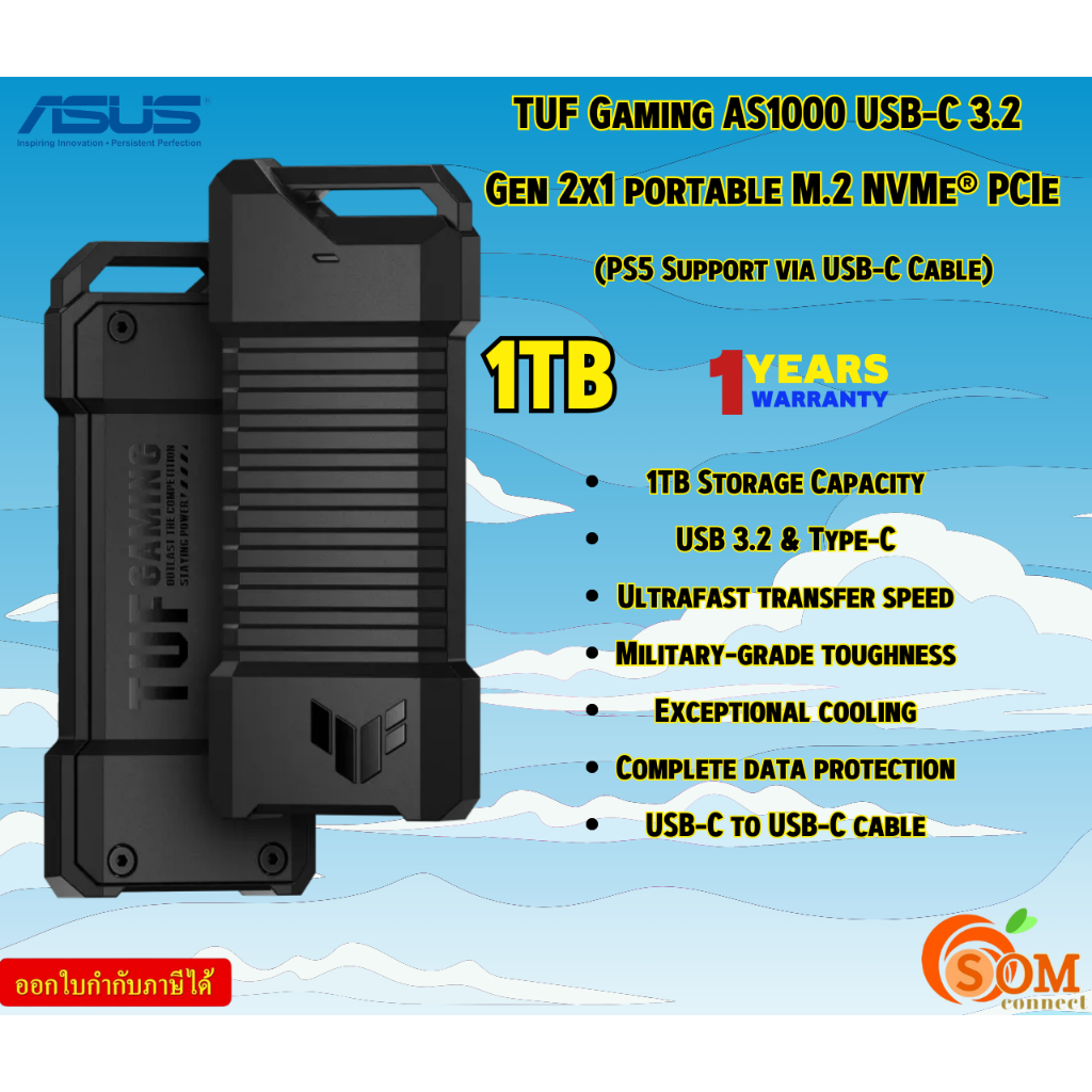 Asus TUF Gaming AS1000 USB-C 3.2 Gen 2x1 1TB-BK Portable M.2 NVMe ...