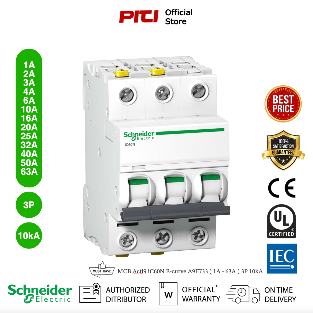 Schneider MCB A9F73304 4A 3P iC60N B-curve Acti9 Miniature Circuit Breaker เซอร์กิตเบรกเกอร์ ...