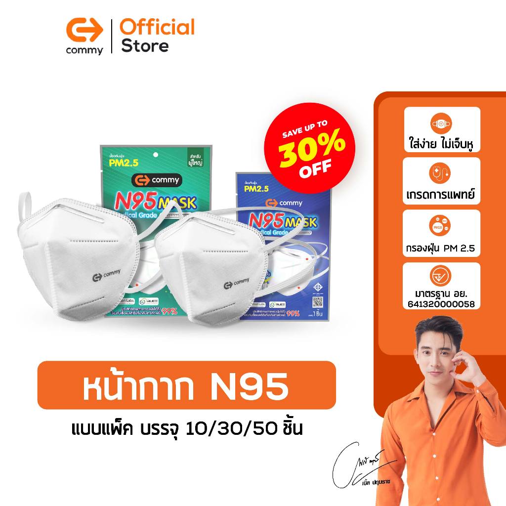 Commy หน้ากาก N95 MASK หน้ากากอนามัย แมสการแพทย์ แบบคล้องหู/หัว 1 แพ็คบรรจุ 10/30/50 ชิ้น แมส ...