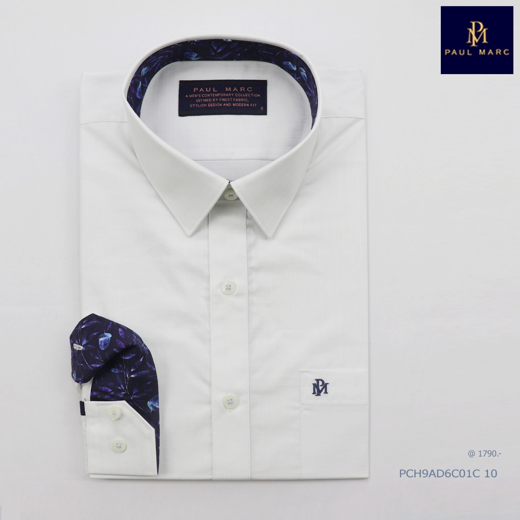 PAUL MARC เสื้อเชิ้ตแขนยาว สีขาว slim fit ผ้า Dobby ทอลาย PCH9AD6C01C ...