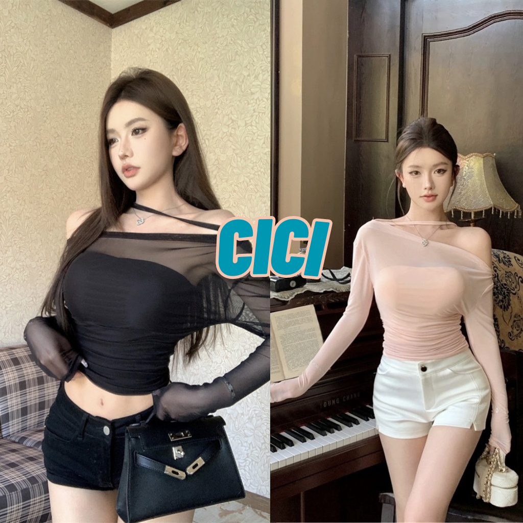 ส่งทันที Cici(NO. Ar1018)เสื้อปาดไหล่ สายเดี่ยวคล้องคอ แขนยาว ซีทรู บางสวย มีซับ เซ็กซี่เบาๆ ...
