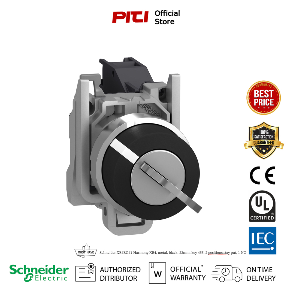 Schneider XB4BG41 black, 22mm, key 455, 2 positions,stay put, 1 NO, Key ...