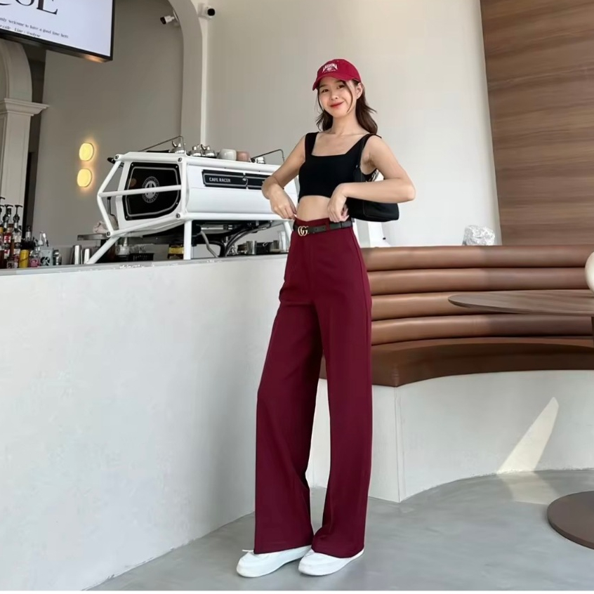 T05 New Hiso Pants เรียบหรูดูดี กางเกงทรงกระบอกกลาง กางเกงขายาว ผู้หญิง เอวสูง พรางหุ่น พราง ...