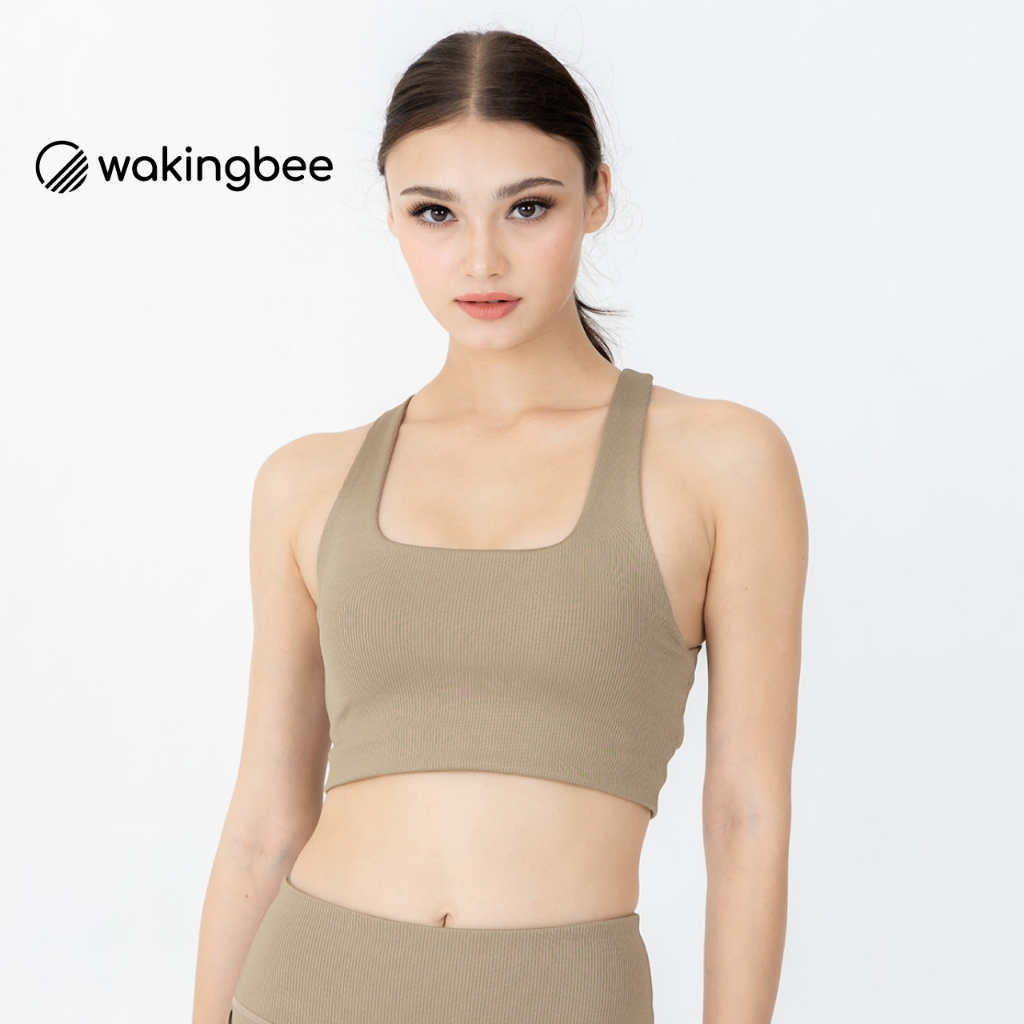 Wakingbee Rib Crop Bra (Taupe) สปอร์ตบรา ทรงครอป ตัวยาว กระชับ ผ้าร่อง กันยูวี แห้งไว ยืดหยุ่นดี ...