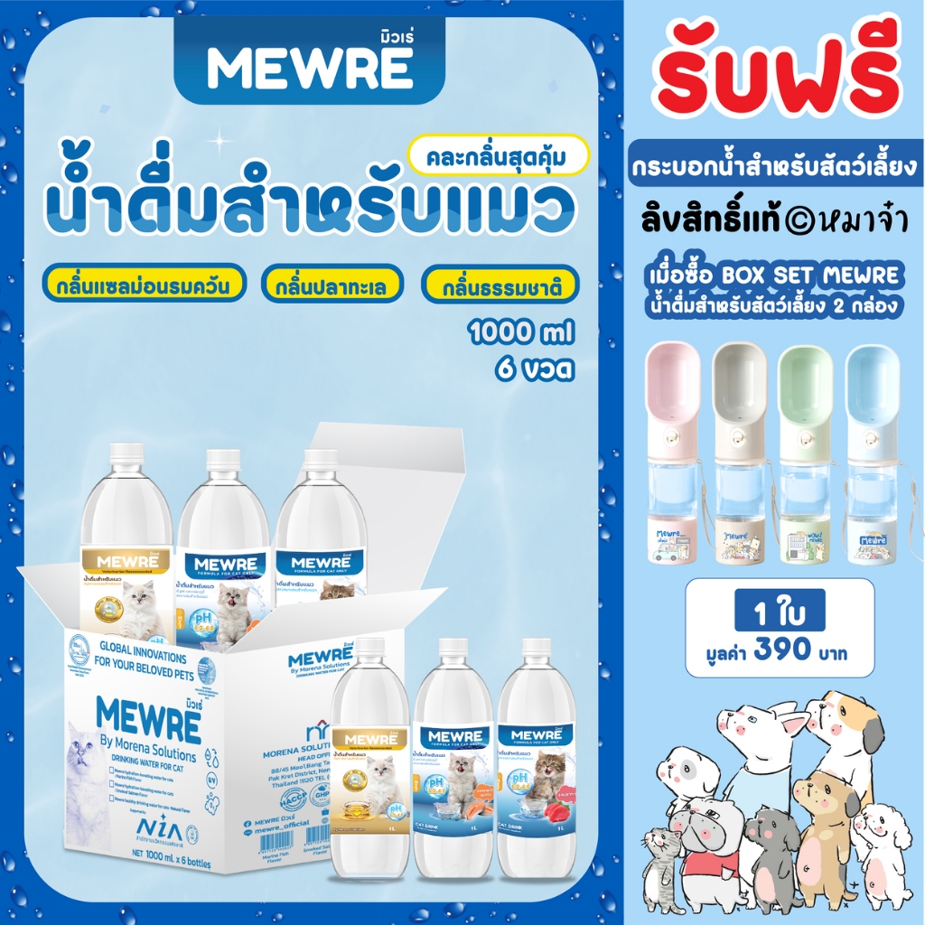 MEWRE มิวเร่ น้ำดื่มเพื่อสุขภาพที่ดีของน้องเเมว (คละกลิ่น) 6 ขวด ขนาด 1,000 ML (MC-N 1L x2 ...