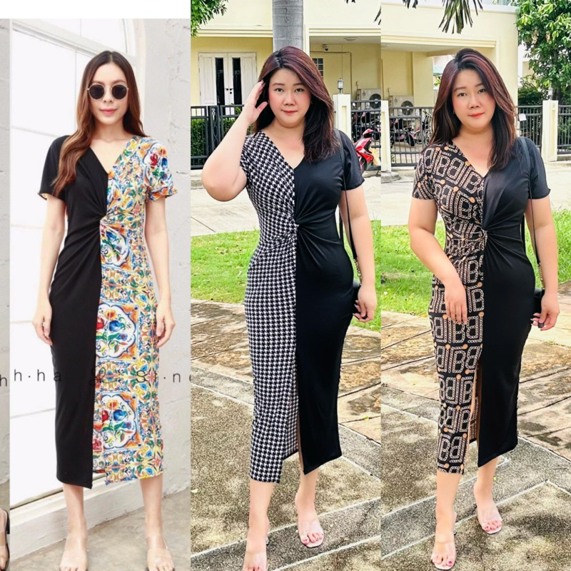 เดรสสาวอวบ อก 36-42 ผ่าหน้า แต่งทูโทน ผ้าไอทีวาย ทรงสวย ใส่แล้วพรางหุ่นดีมาก dress plussize ...