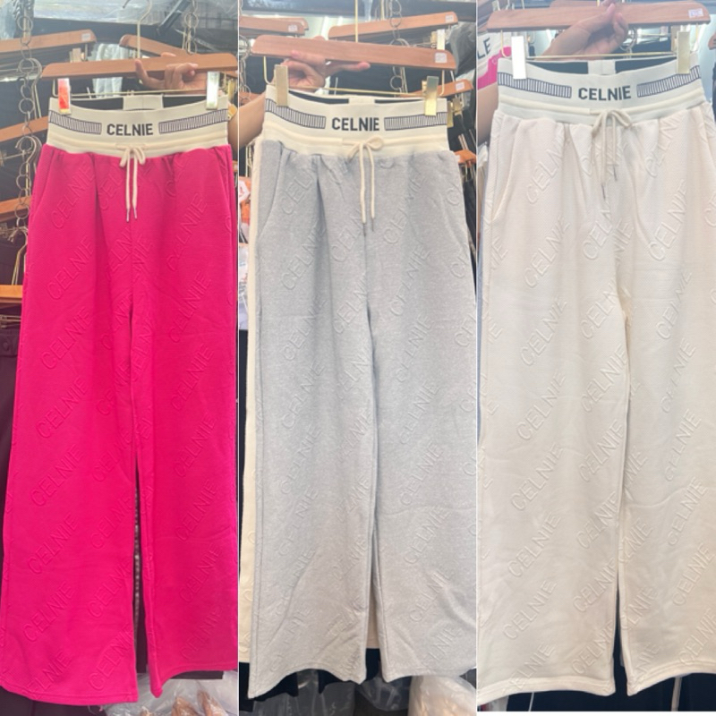 กางเกงขายาว ผ้าพิมนูน เอวสเปอร์ ปักตัวหนังสือCELNIE | Shopee Thailand