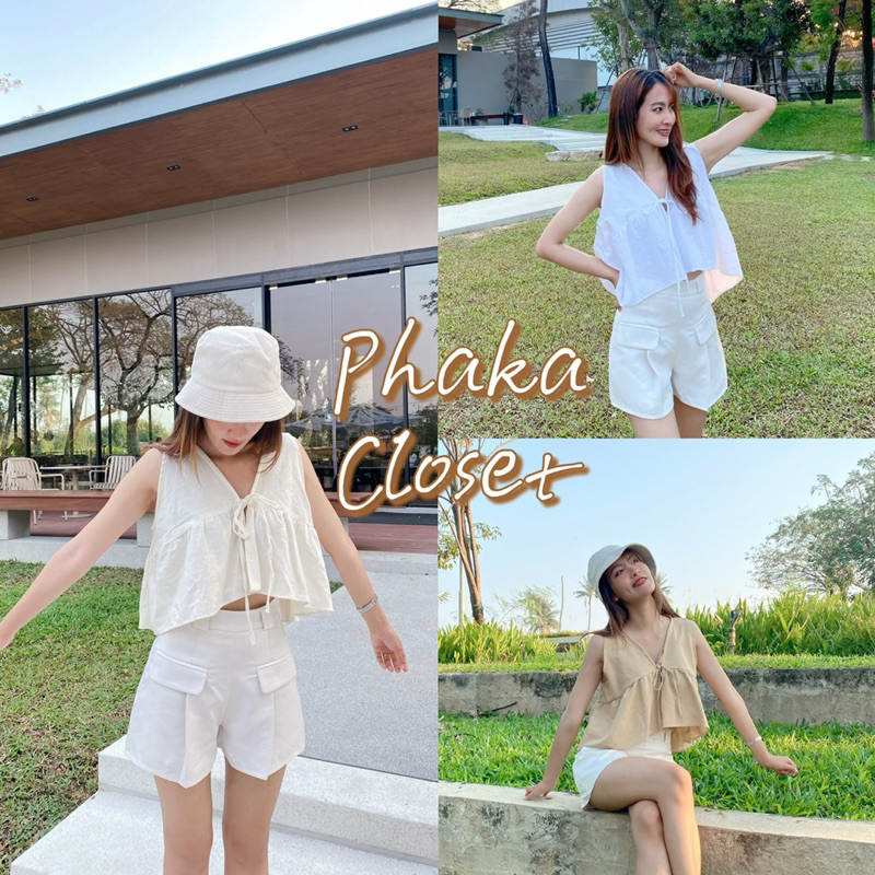 BY PHAKA : เสื้อครอปผ้าฝ้ายผูกหน้าแต่งระบาย | Shopee Thailand
