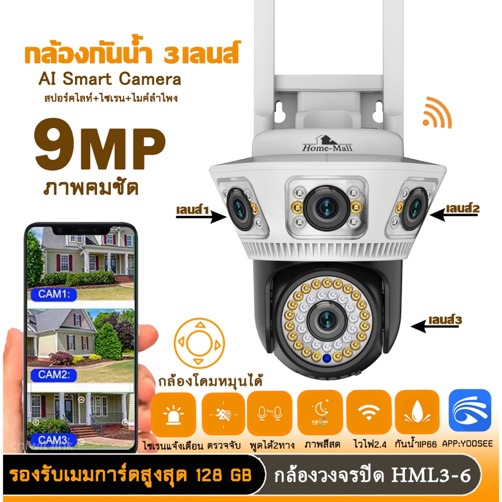 HOME MALL กล้องวงจรปิด 9MP 3เลนส์ดูภาพพร้อมกัน กล้องโดมหมุนได้ พูดตอบ ...
