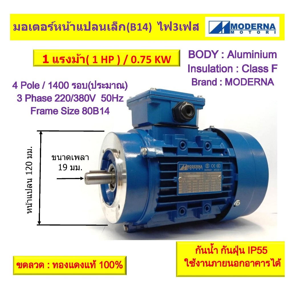 มอเตอร์หน้าแปลนเล็ก 3 เฟส(สาย) 1 แรงม้า(1 HP) 0.75 KW 4Pole 1500 รอบ ...