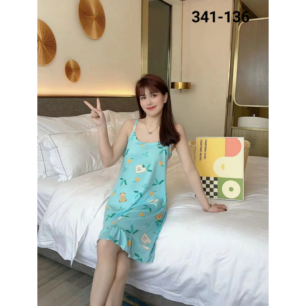 ชุดนอนผู้หญิง ชุดนอนเดรสกระโปรง ลายพิมพ์บางเฉียบ ผ้านิ่ม ใส่สบาย ผ้านิ่ม สไตล์เกาหลีน่ารัก ใส่ ...