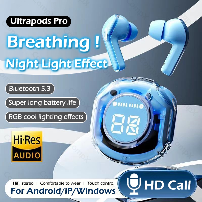 Ultrapods Earbuds TWS หูฟังไร้สายบลูทู ธ กันน้ำและเล่นเกมหูฟังโปร่งใส ...