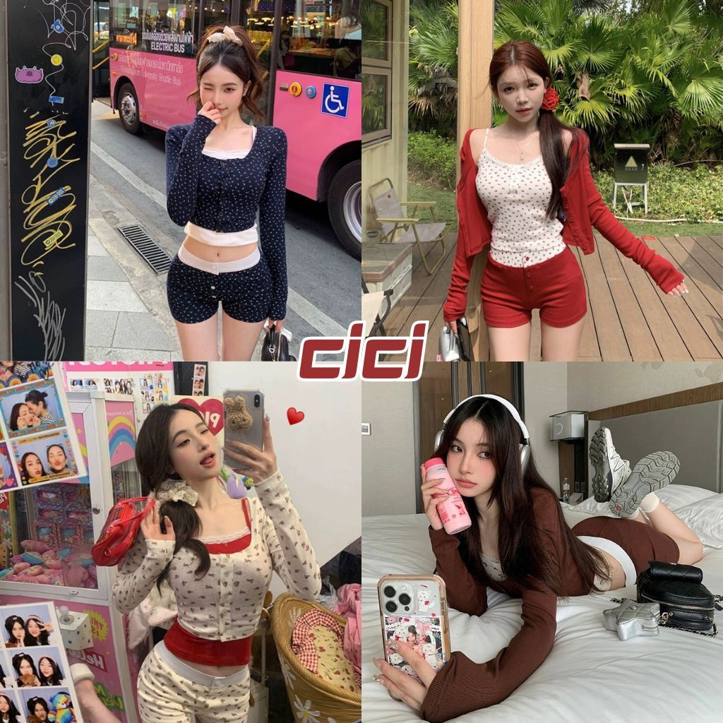 Cici (NO.J1130)Set2ชิ้น สายเดี่ยวแต่งลูกไม้พร้อมเสื้อแขนยาวกระดุมใช้งานได้จริง+กางเกงขาสั้นเอว ...