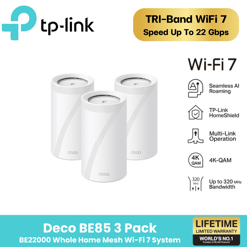 [New! WiFi 7] TP-Link Deco BE85 BE22000 Tri-Band Whole Home Mesh WiFi 7 ...