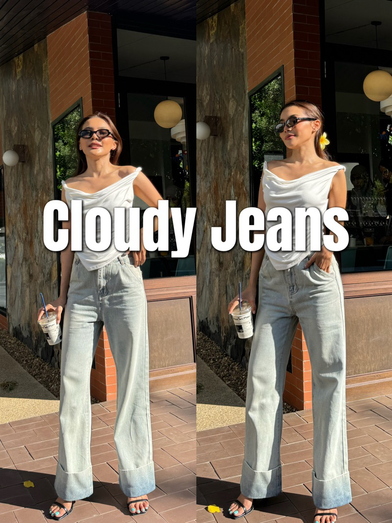 CLOUDY JEANS l กางเกงยีนส์ขากระบอกของคุณหนู ปลายขาเย็บพับทรงสีฟอก | Shopee Thailand