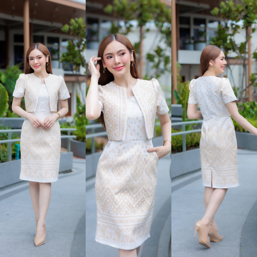 Kety Smile ชุดเดรสผ้าทอลาย แต่งกั๊ก ทรงสอบ มีกระเป๋า2ข้าง งานอัดกาวทั้งชุด ทุกชิ้น ซิปซ่อน ...