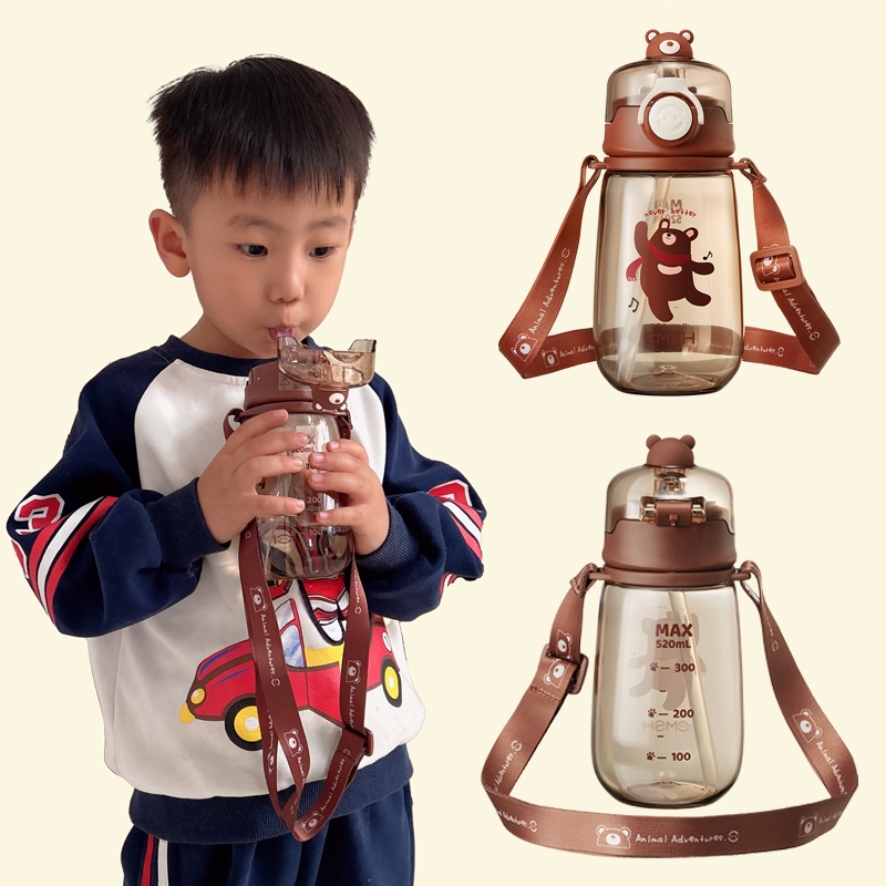 CMSH กระติกน้ำเด็ก 520ml ขวดน้ำเด็กไปโรงเรียน แบบหลอดดูดพร้อมสายสะพายพกพา kids water bottle BPA ...