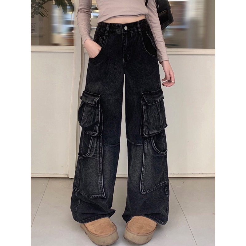 างเกงยีนส์เอวสูงขากระบอก สีดำฟอก ทรงคาโก้ แต่งกระเป๋าข้าง เท่มาก 2185 ...