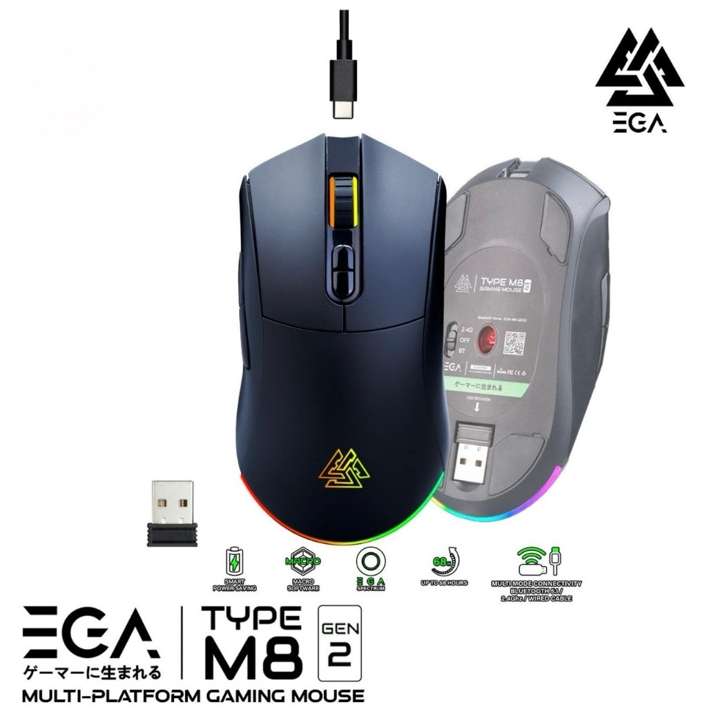 EGA TYPE M8 GEN2 Tri-Mode Gaming Mouse เมาส์เกมมิ่งไร้สาย มีไฟ RGB ตั้ง ...