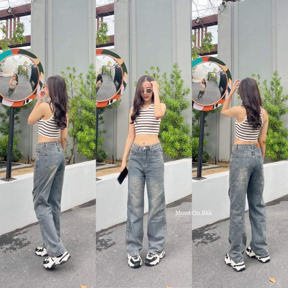 Moveon รหัส K09 ยีนส์ขากระบอกกลาง เอวสูง โทนสีดำอ่อนเฟดสนิม พร้อมส่ง ...