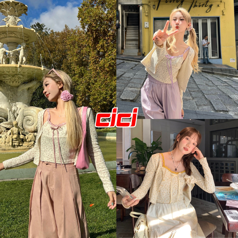 Cici(NO.J1206)Set 2 ชิ้น เสื้อสายเดี่ยว สายลูกไม้ดีเทลน่ารัก+เสื้อคลุมลายดอกไม้ ใส่เซทคู่กัน ...