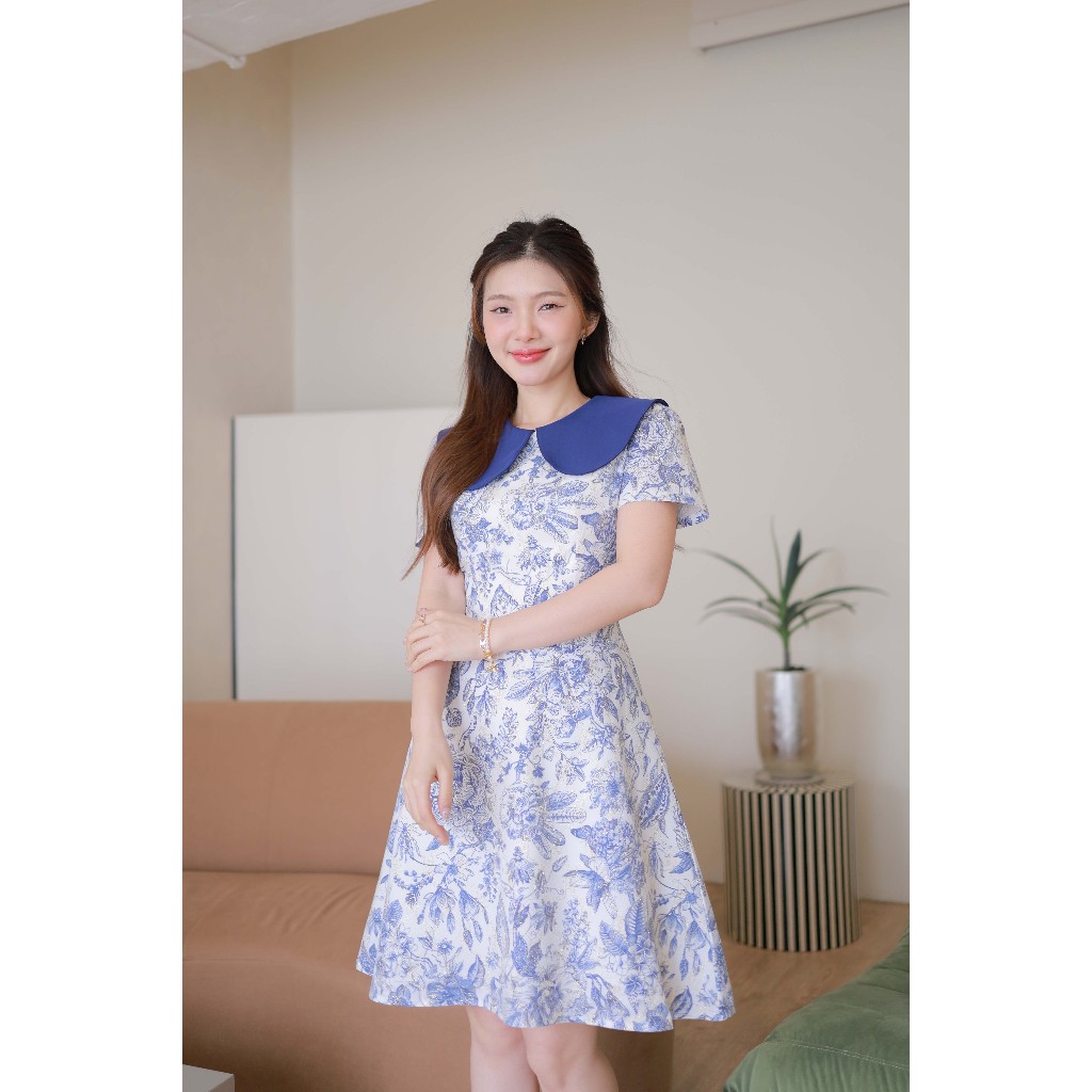 J340 ชุดเดรสสีน้ำเงิน (คอบัวสีพื้น) | Shopee Thailand