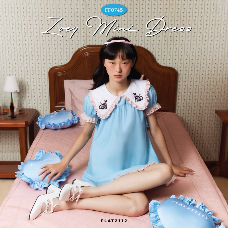FLAT2112 FF0745 : ZOEY MINI DRESS เดรสคอปก ลายแมว | Shopee Thailand