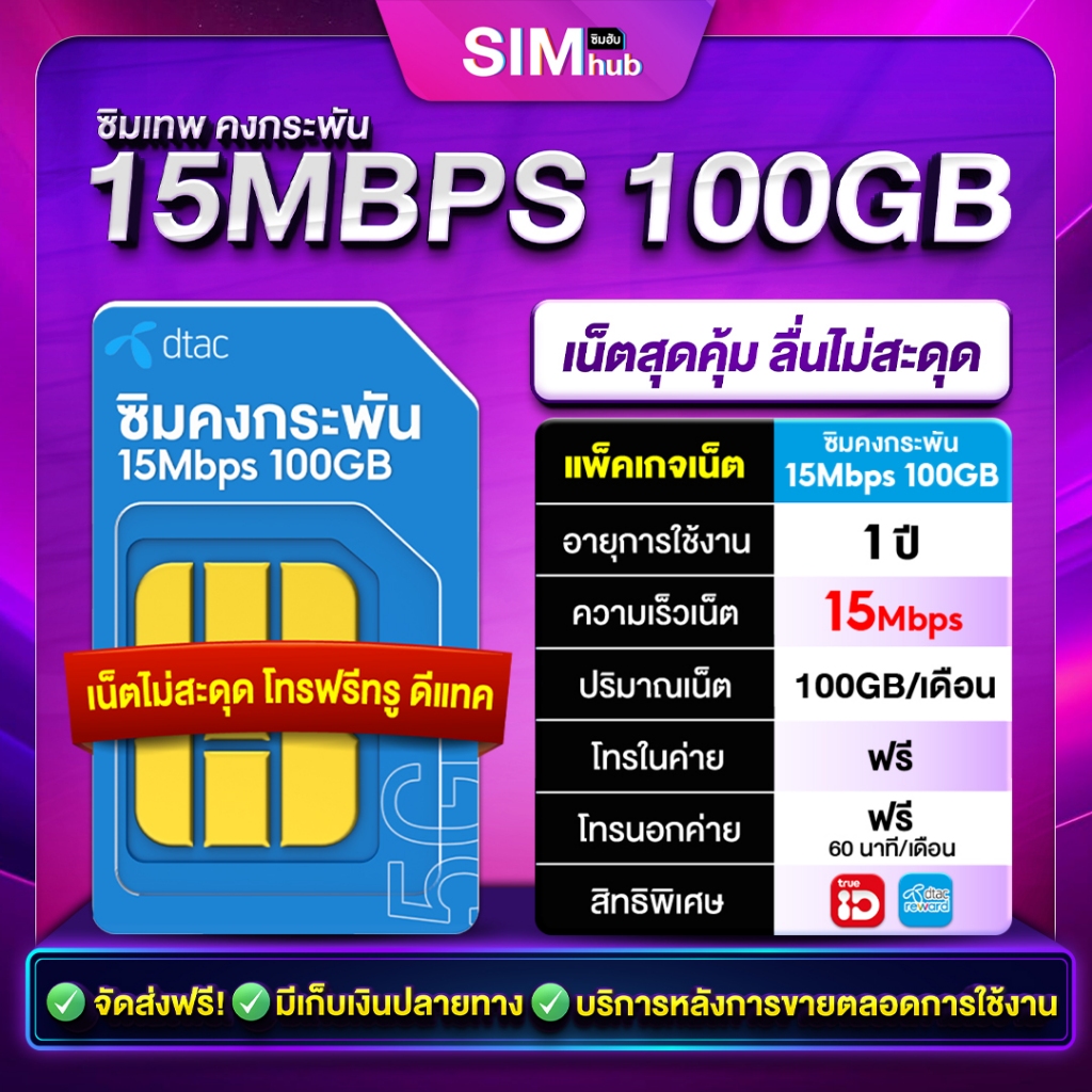 ส่งฟรี ซิมเทพ Dtac ซิมคงกระพัน แรง 15Mbps 100GB โทรฟรี1ปี ซิมเน็ต ซิทรายปี โปรซิมแรง ใช้งานได้ 1 ...