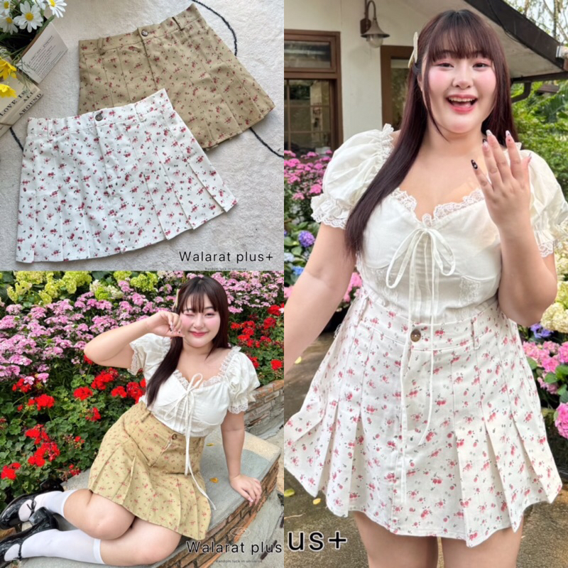 Faylin Skirt กระโปรงยีนส์อัดพลีทแต่งลูกไม้เอวสูง ผ้าพิมพ์ลายดอกกุหลาบ ...