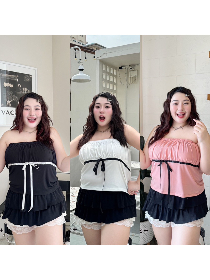 เสื้อเกาะอก แต่งโบว์ผูกตรงกลาง ผ้าร่องเนื้อดี สาวอวบ plussize อก 34-52 นิ้ว(มีไซซ์นะคะ) | Shopee ...
