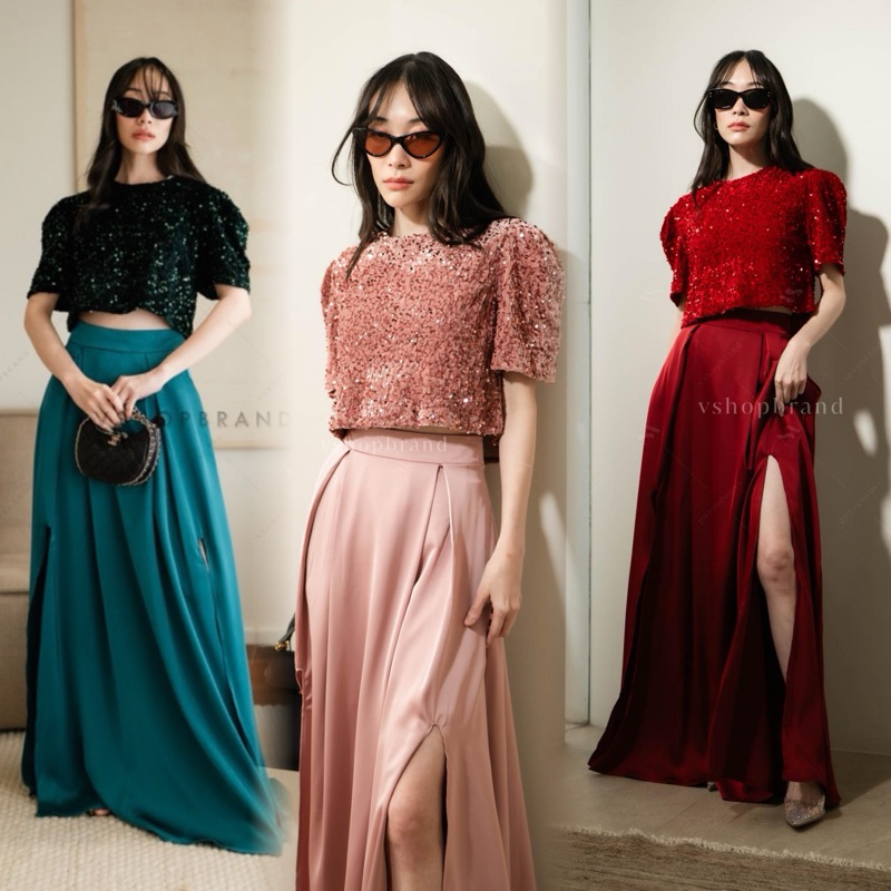 พร้อมส่ง•Vshop•Set เสื้อกลิตเตอร์ + กระโปรงยาวผ้าวาเลนผ่าหน้า | Shopee ...