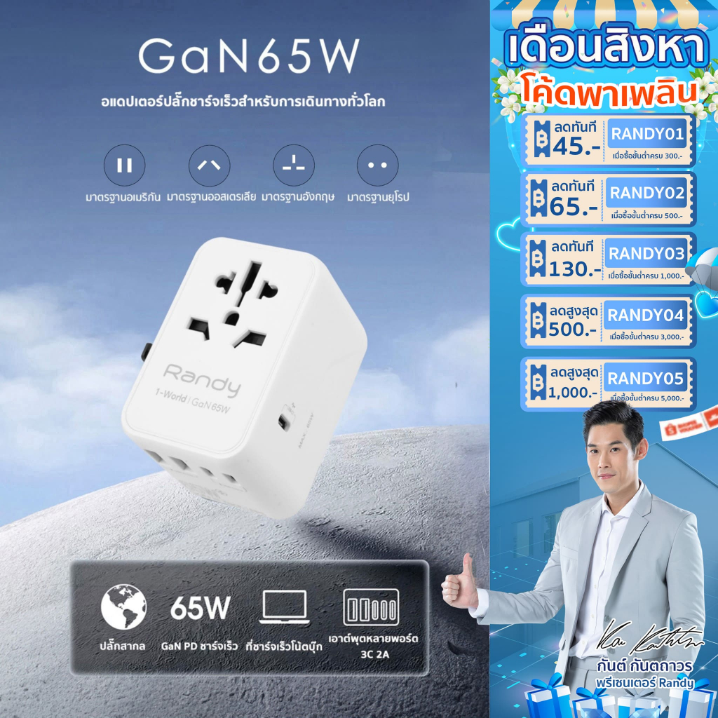 RANDY Adapter GaN65W & GaN20W หัวแปลงปลั๊กไฟ Universal Travel Adapter ...