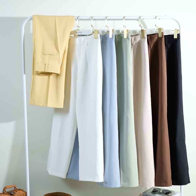 Alinya-กางเกงขายาวเอวสูง ทรงกระบอก(กระเป๋าหลัง) | Shopee Thailand