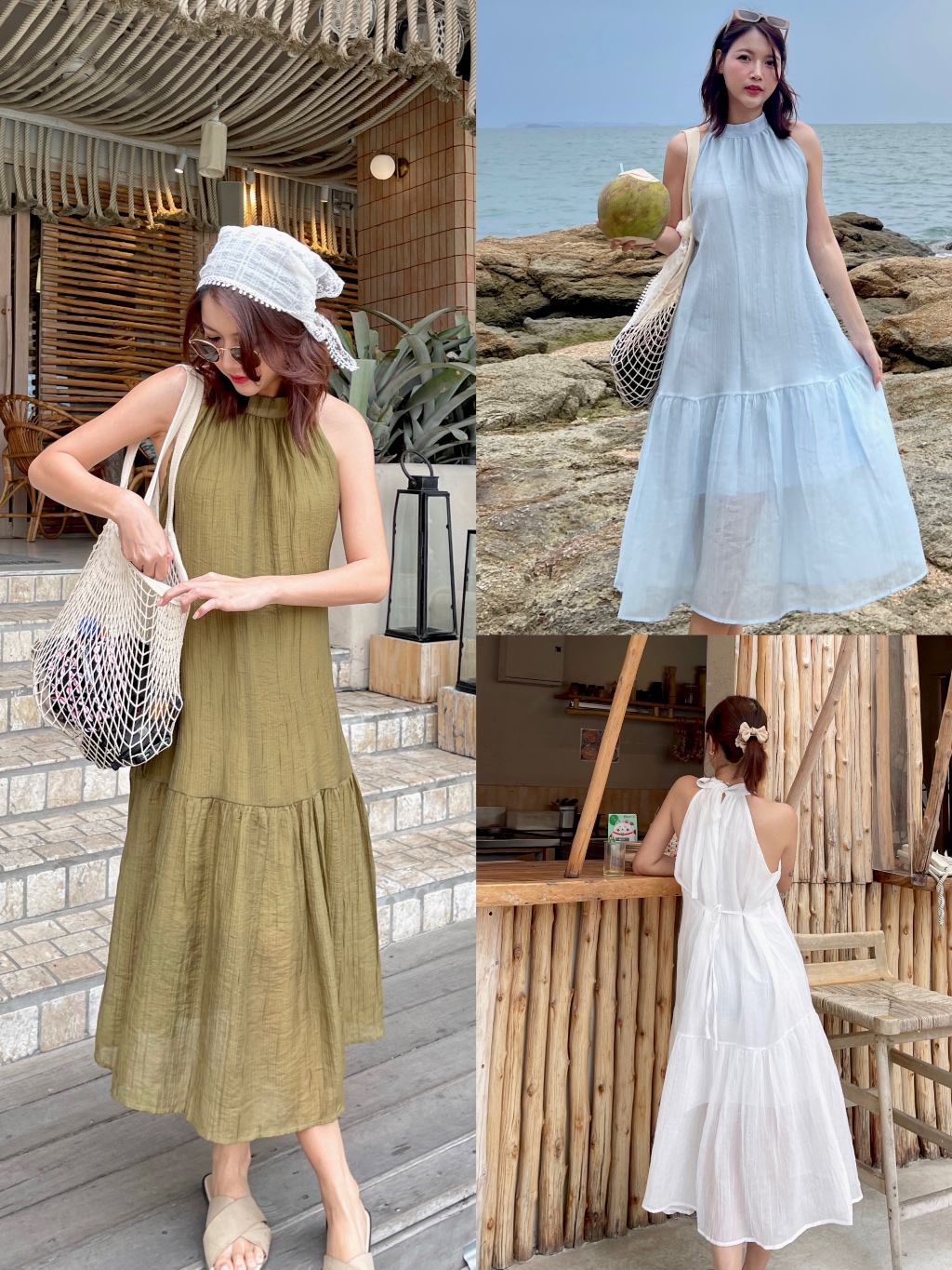 M405- เดรสยาวแขนกุดพริ้วๆ ผูกคอโบว์มีซับในน่ารักมากก | Shopee Thailand