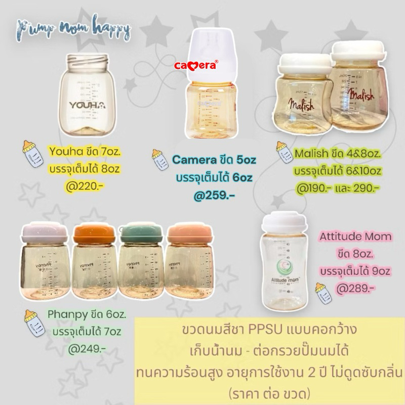ขวดนมสีชา PPSU คอกว้าง ใช้ได้ถึง 2 ปี (ราคาต่อ 1 ขวด) Youha / Phanpy / Attitude Mom / Camera ...
