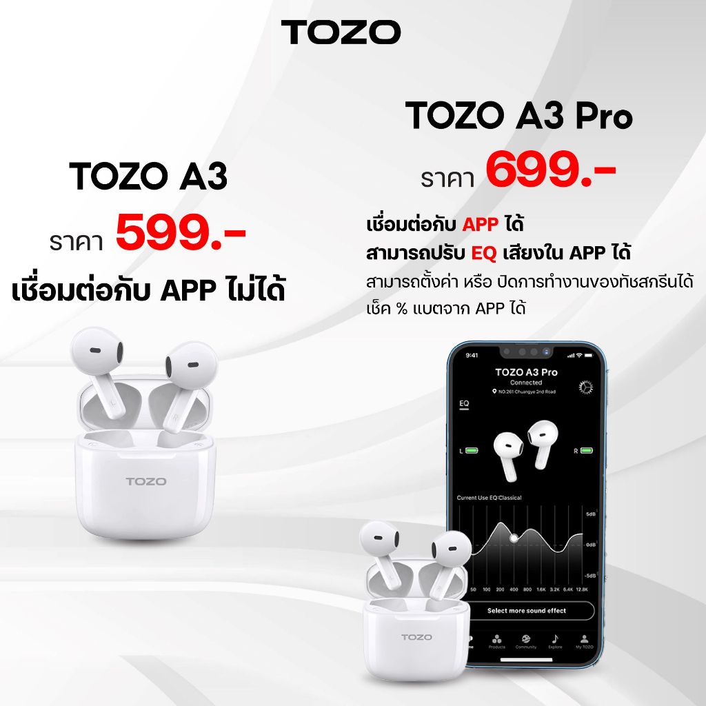 [ประกันศูนย์ไทย] TOZO A3 , A3 Pro หูฟังบลูทูธไร้สาย เอียบัด เบสหนัก TWS Bluetooth5.3 สวมใส่สบาย ...
