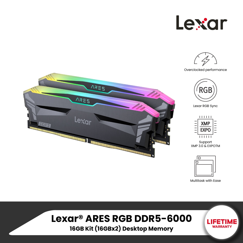 Lexar ARES RGB DDR5 6000 Desktop Memory 16GB Kit (x2) Ram for PC (LD5BU016G-R6000GDLA) แรมพีซีมา ...
