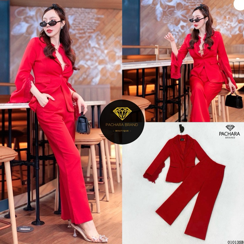 Code: 01013SB ชุดเซทสูท ชุดสูทไปงานสีแดง งานป้าย Pachara | Shopee Thailand