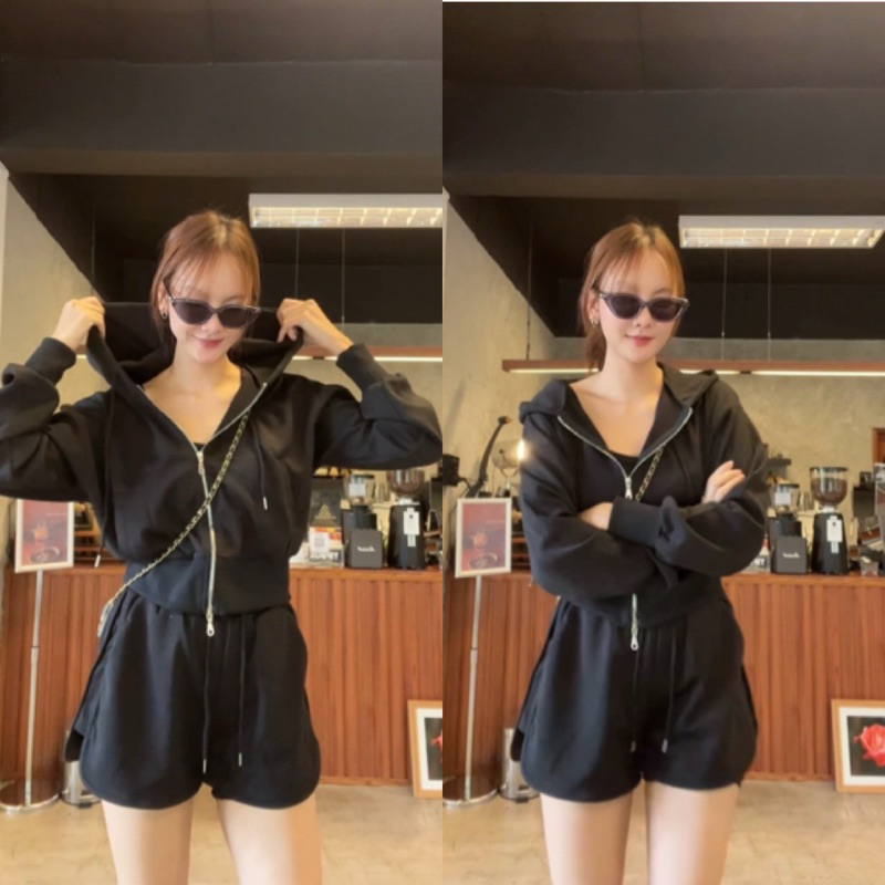 Cowdy set(เขา)-ชุดเซ็ตเสื้อฮู้ด+กางเกงขาสั้น | Shopee Thailand