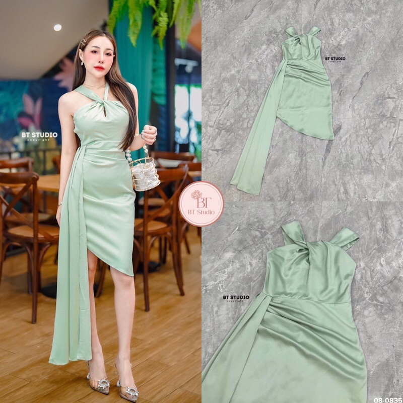 ชุดเดรสสั้นสีเขียว เดรสแต่งระบายข้าง CODE : 08-0835 ชุดดินเนอร์ งานป้าย ...